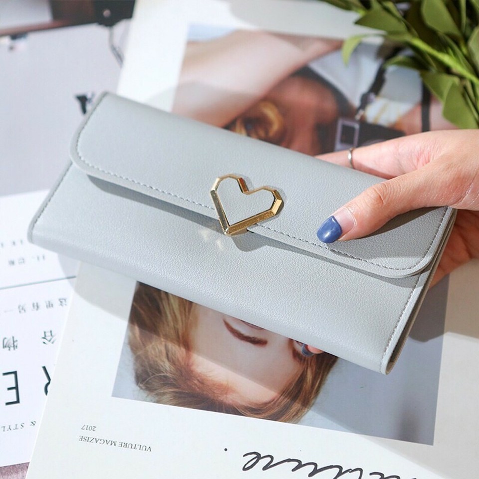 Womens Lady Heart-Shaped Metal Badge Pocket Synthetic Leather Bifold ...