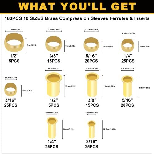 180PCS Brass Compression Sleeves Ferrules & Inserts Tube OD 1/2" 3/8" 5 ...