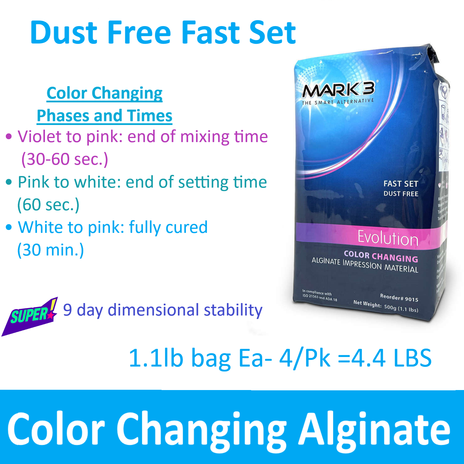 Dental Color Changing Alginate VPS Dust Free Fast Set 1.1 lb - 4 Bags ...