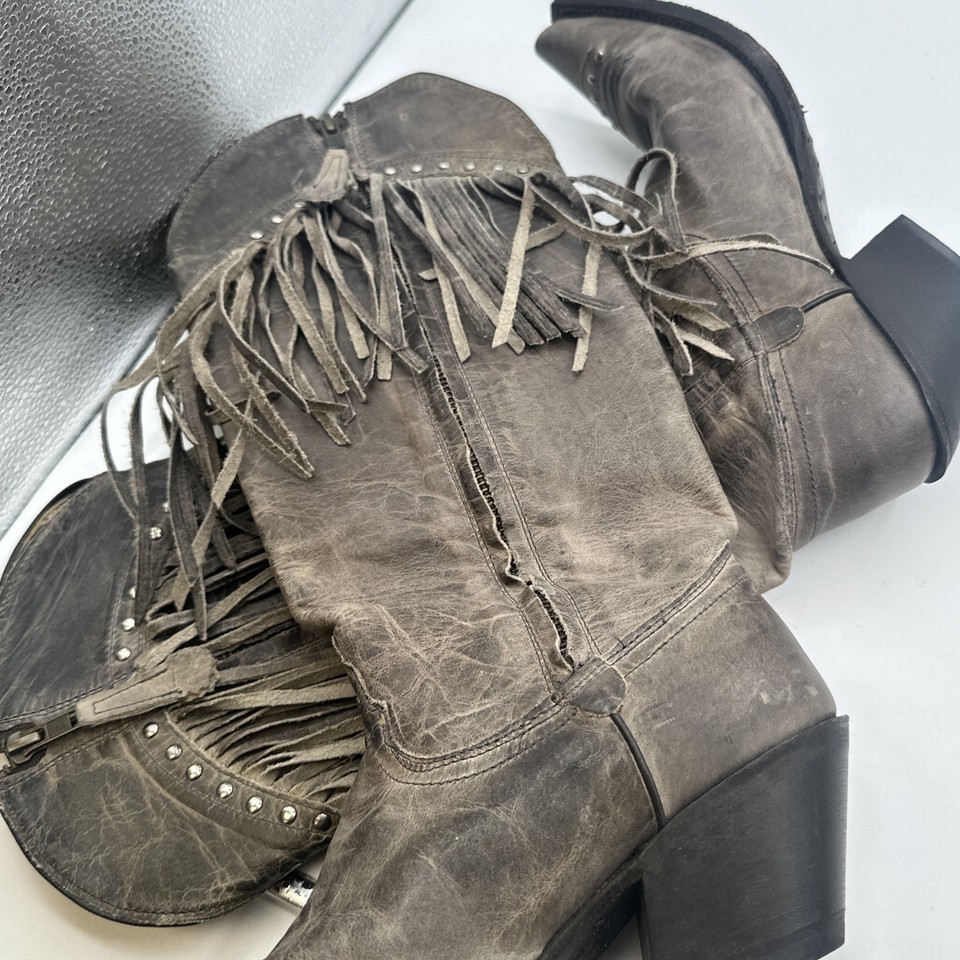 Tony Lama Boots Womens 7 B Gray Fringe Studded Snip Toe Western Rodeo ...