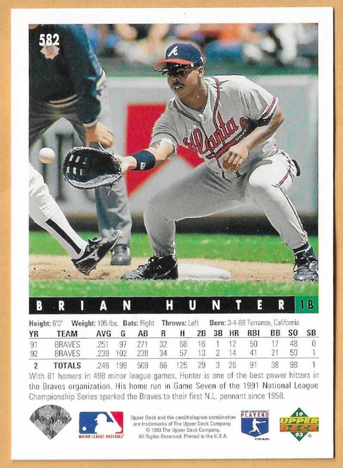 BRIAN HUNTER ATLANTA BRAVES #582 - UPPER DECK NM-MT 1993 | eBay