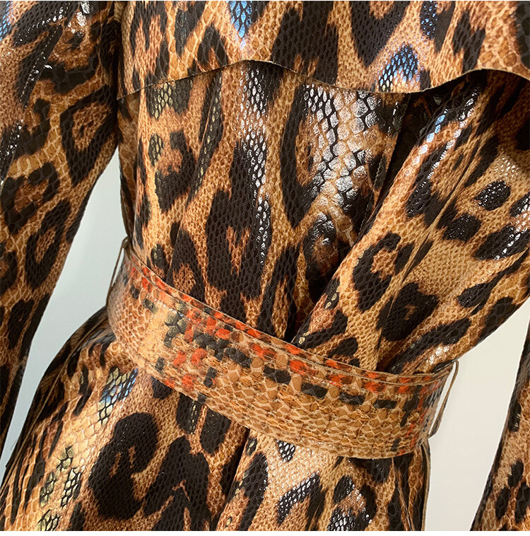 British American Style Leopard Print Women Belt Long Trench Coat ...