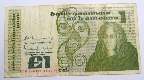 Circulated, 1 Pound Central Bank of Ireland, 11-10-77, KCB 840593 ...