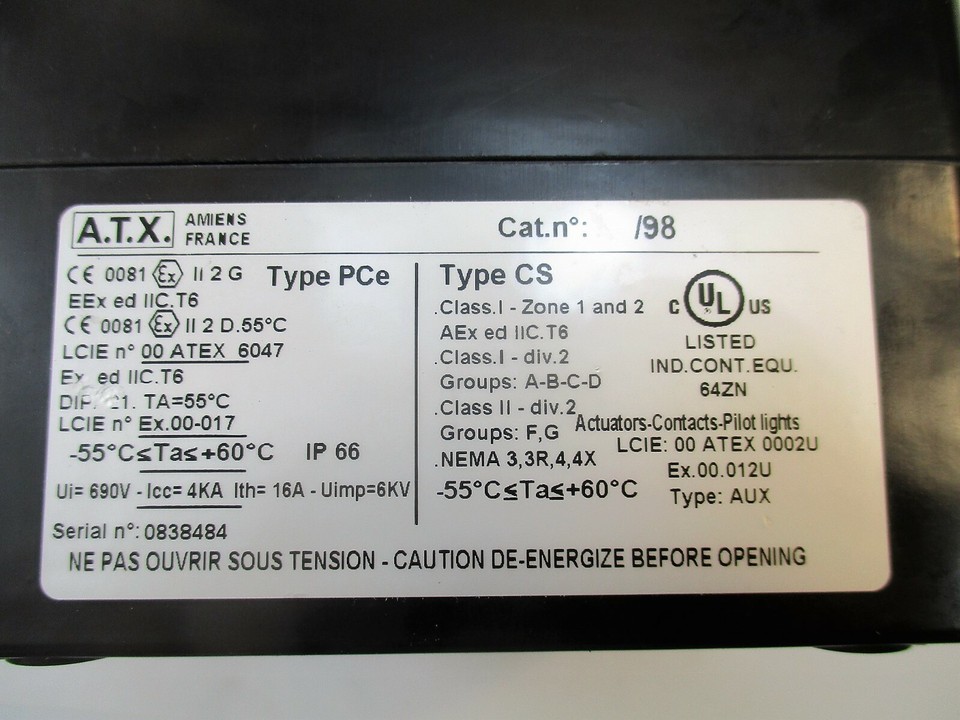 A.T.X. 98010 Switch EEx ed IIC. T6 ATEX Cat. No 98 Type PCe Type CS ...
