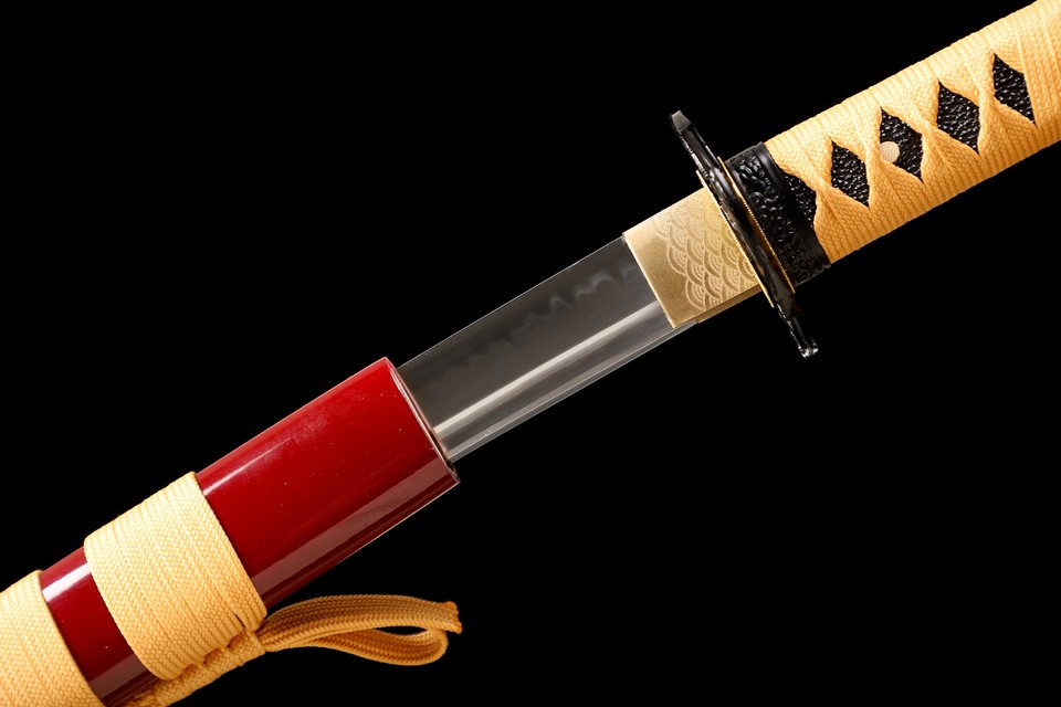 T10 Steel Clay Tempered Real Hamon Japanese Samurai Sword Full Tang Red ...