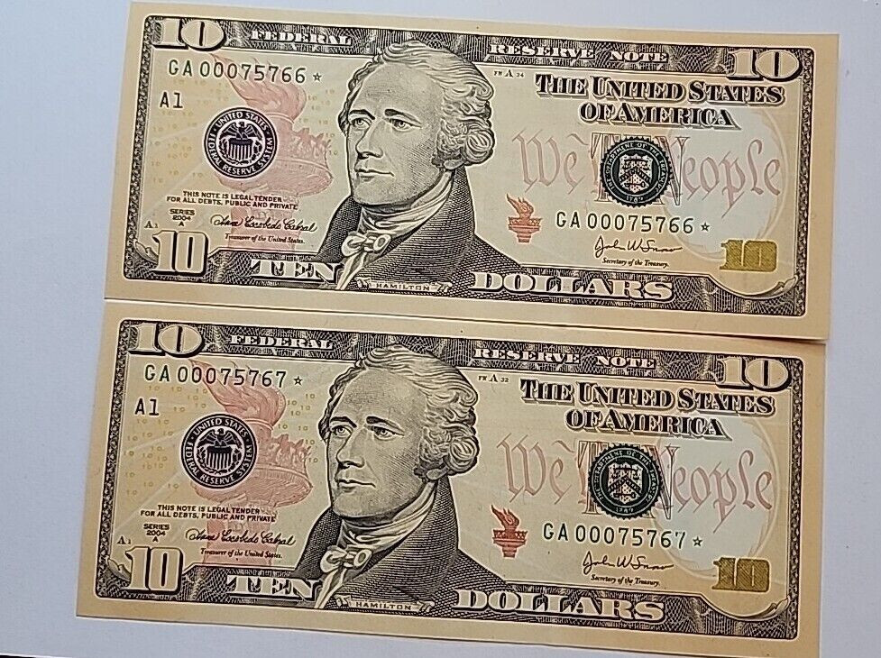PAIR of CONSECUTIVE LOW Serial Number # 2004A Uncirculated $10 STAR ...
