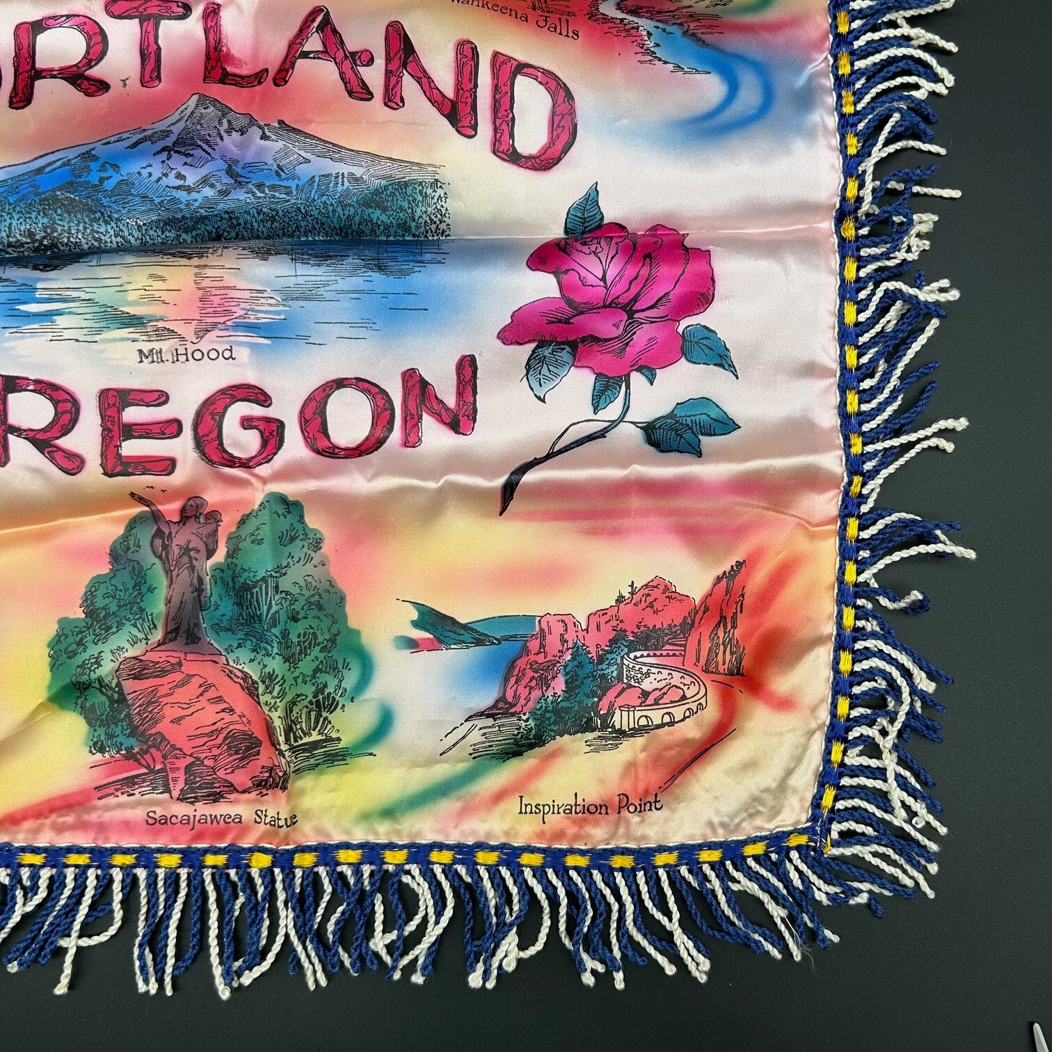 Vtg 40s Portland Oregon Landmarks Satin Souvenir Pillow Cover w Fringe ...
