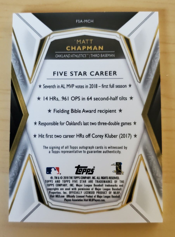 2019 Topps Five Star Matt Chapman Auto #FSA-MCH Oakland Athletics | eBay