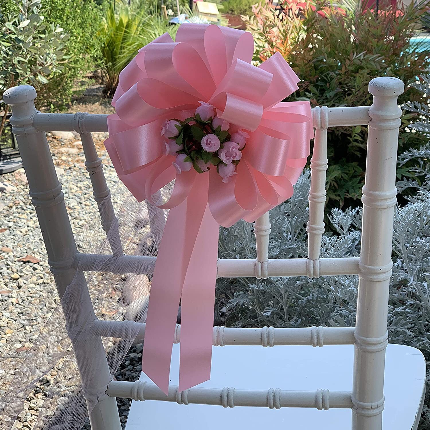 Rose Petal Pink Pull Bows with Tulle Tails and & Rosebuds - 8" Wide ...