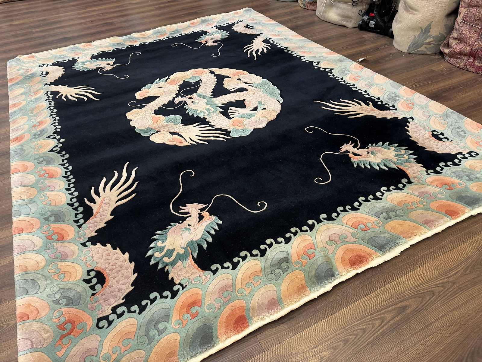 Black Chinese Wool Rug 8x10 with Dragons, Rainbow Borders, Rare | eBay