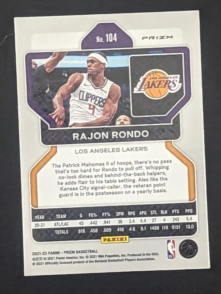 Rajon Rondo Los Angeles Lakers 2021-22 Panini Prizm Cracked Ice Prizm ...