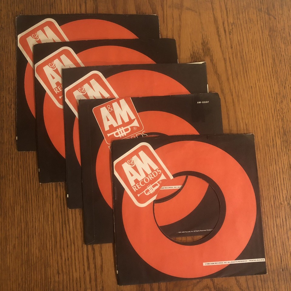 A & M RECORDS 45 RPM COMPANY SLEEVES, ( 5 TOTAL ) ORIGINAL , USED ...