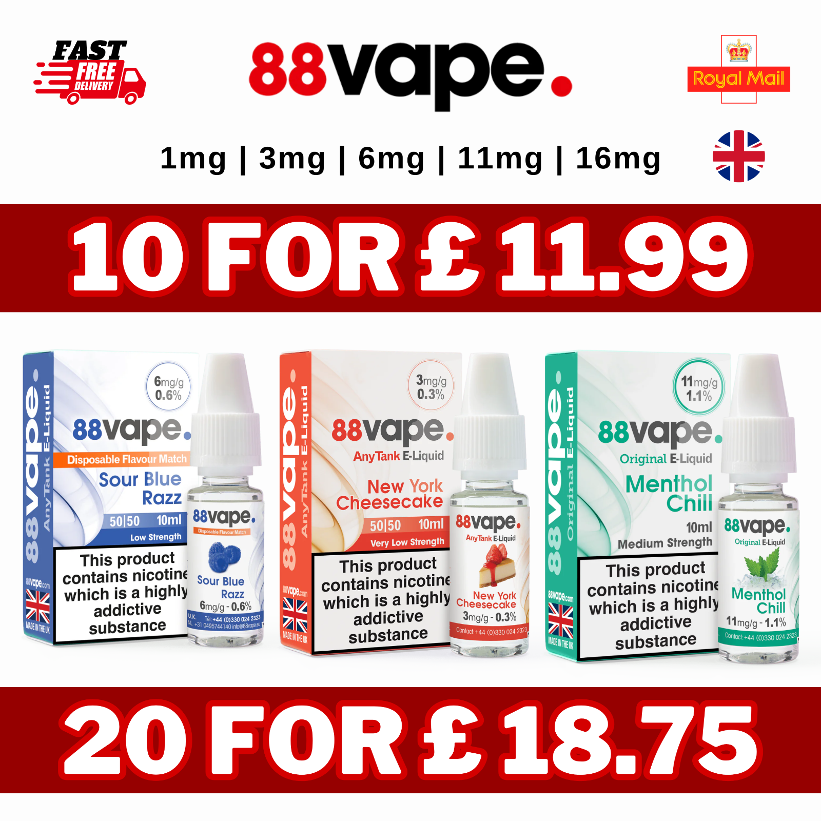88 Vape E Liquid 10ml Vape Juice 50VG/50PG All Strengths E-Cig | 10 ...