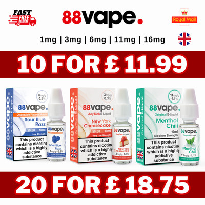 88 Vape E Liquid 10ml Vape Juice 50VG/50PG All Strengths E-Cig | 10 ...