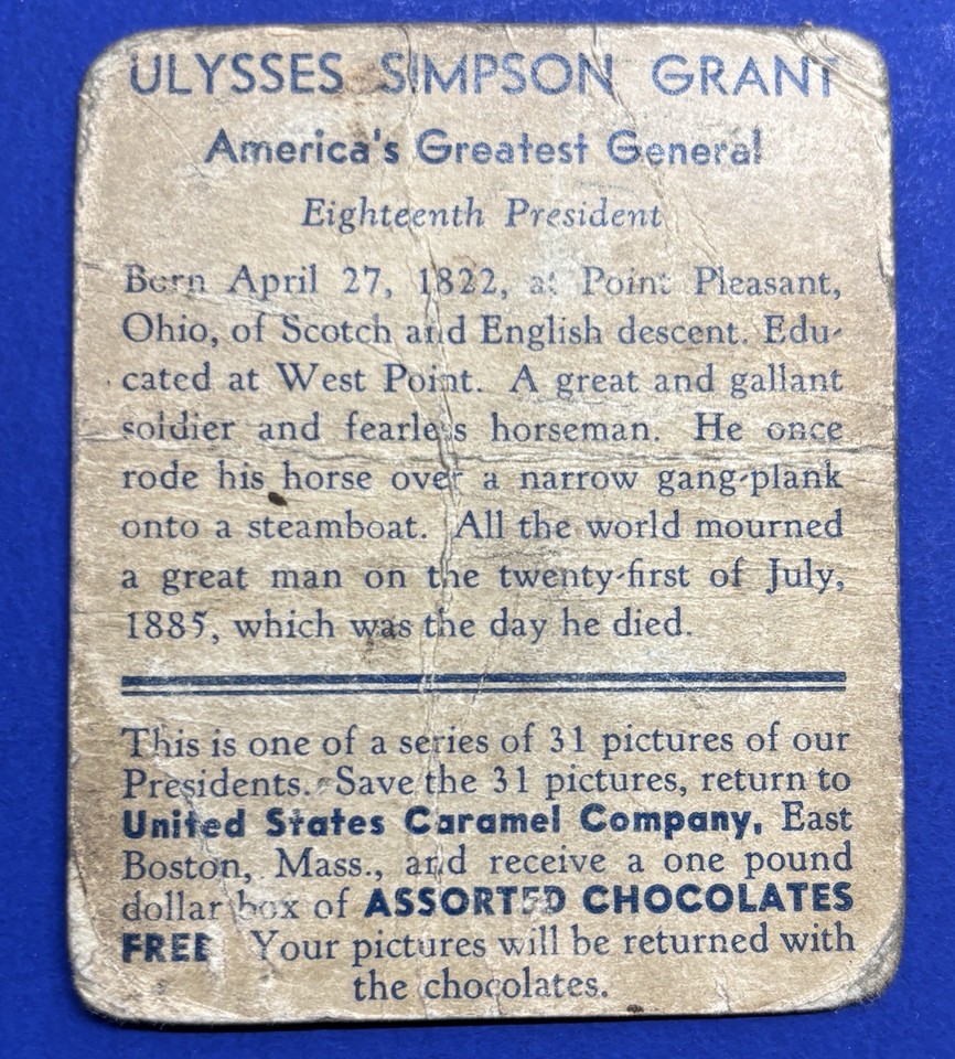 1932 U.S. Caramel Presidents Card Ulysses S Grant BLUE Variation R114 ...