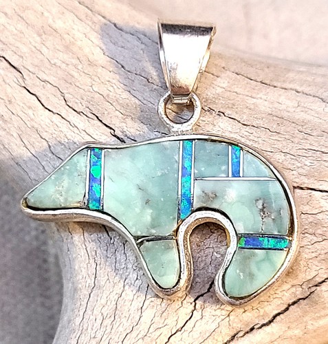 Southwestern Sterling Silver Bear Necklace Pendant Inlay Green ...