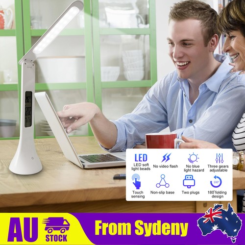 Foldable LED Mini Desk Lamp Light Rechargeable W/ Digital Clock Touch ...