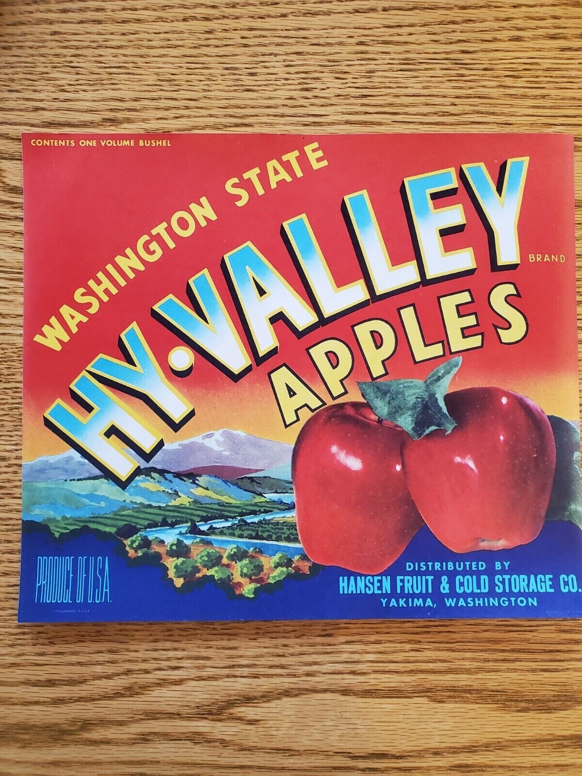 ORIGINAL HY VALLEY APPLE CRATE LABEL HANSEN FRUIT & COLD STORAGE YAKIMA ...