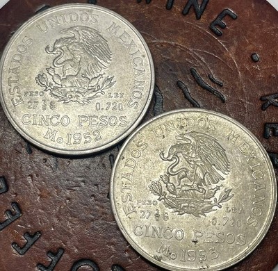 Mexico 🇲🇽 Silver Coins Lot Two Large Silver Coins 🪙 1953 52 Cinco Pesos ...