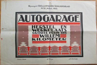 Car Garage 1922 Dutch Advertising Poster with Automobile Images, Art ...