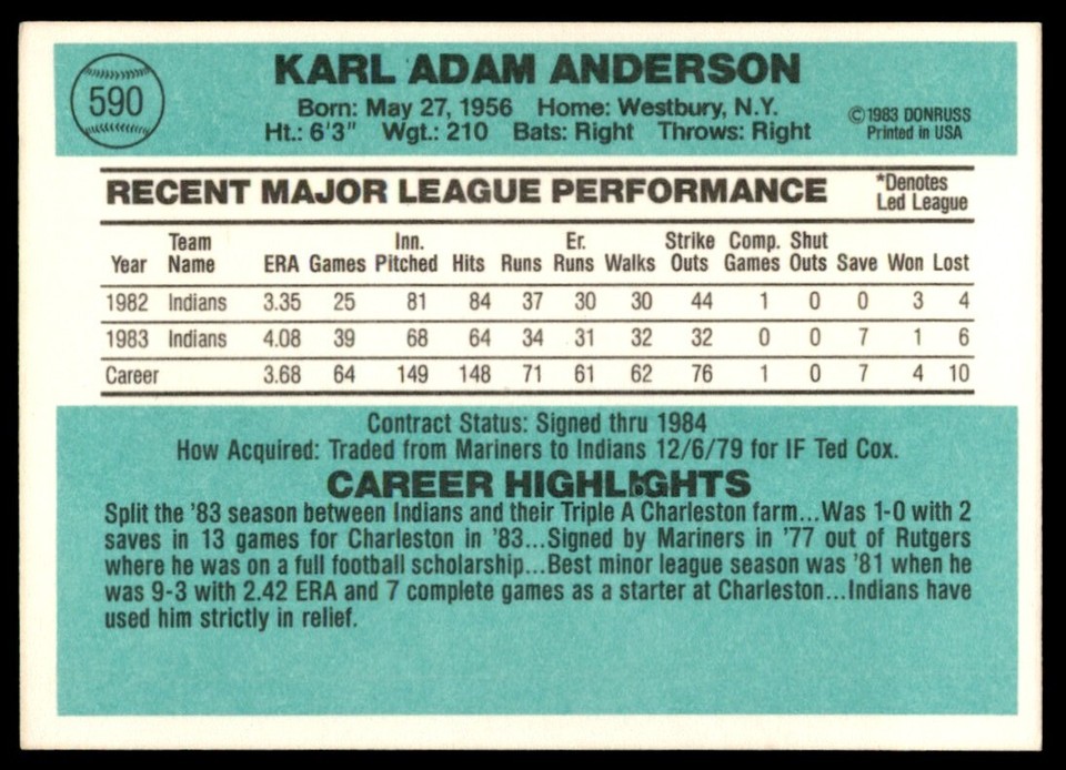 1984 Donruss Bud Anderson Cleveland Indians #590 | eBay