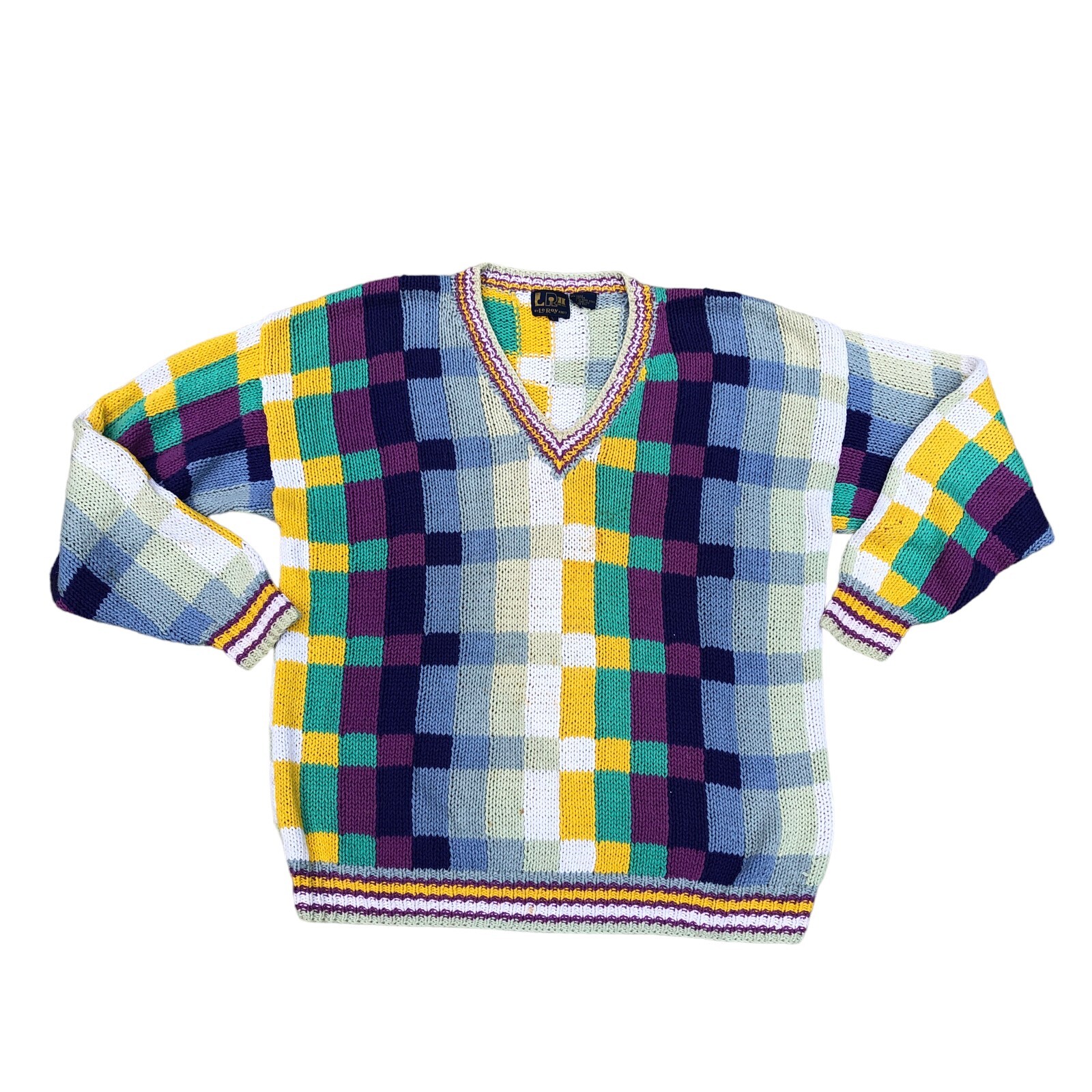 VTG 90s LEROY KNIT Ramit V Neck Sweater Mens LARGE Colorful Long Sleeve ...