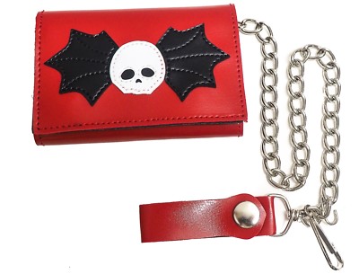 Bat Skull Wing Red Tri-Fold Skull Biker Chain Wallet With 12" Chain ...
