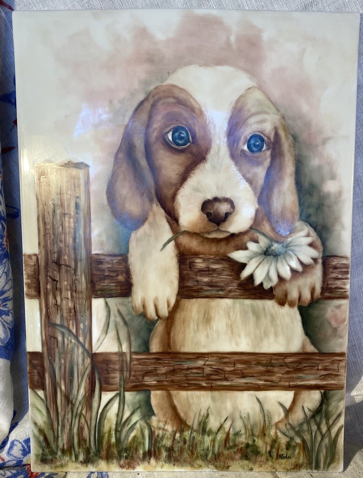 HUGE Extra Large 10"x14" Ceramic Tile Nola Puppy Dog Spaniel Art Daisy ...
