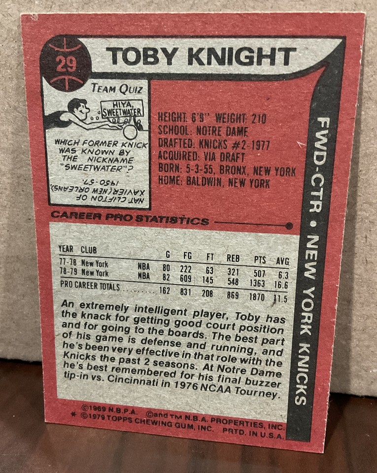 TOBY KNIGHT 1979-80 TOPPS BASKETBALL #29 OF 132 - NEW YORK KNICKS | eBay