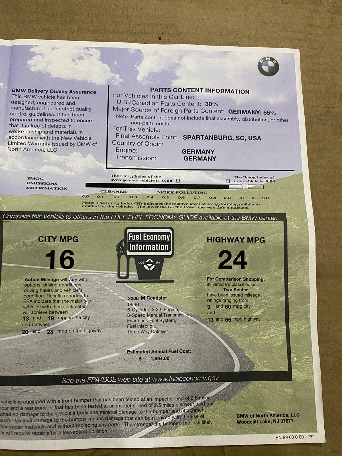 2006 BMW Z4 M Roadster Z4M Window Sticker MSRP Label Page Used | eBay