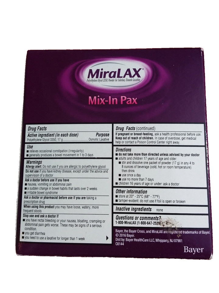 MiraLAX Mix-In Pax, Single Dose Packets, Unflavored/Grit Free Laxative ...