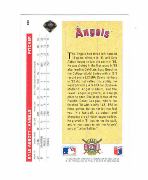 Kyle Abbott Angels Star Rookie Pitcher #8 Upper Deck 1992 #Baseball ...