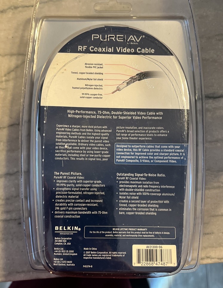 Belkin AV21300-06 6 feet PureAV RF Coaxial Video Cable - 24k Gold F-Pin ...