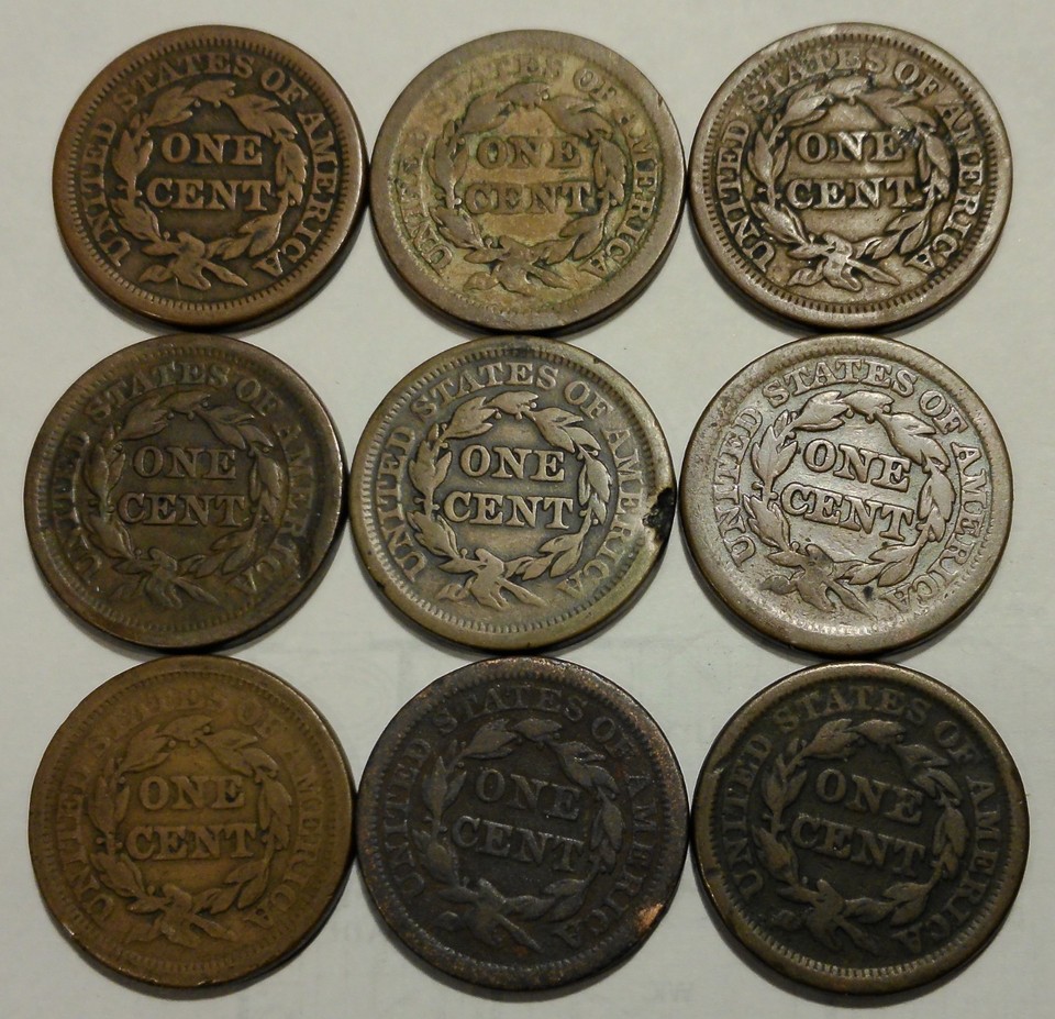 Lot of 9 US Large Cents 1845 1849 1851 1852 1853 1855 | eBay