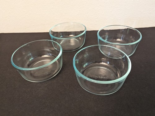 (4) Pyrex #7200 Clear Glass Cup Storage Mixing Bowl No Lids Teal Edge 4 ...