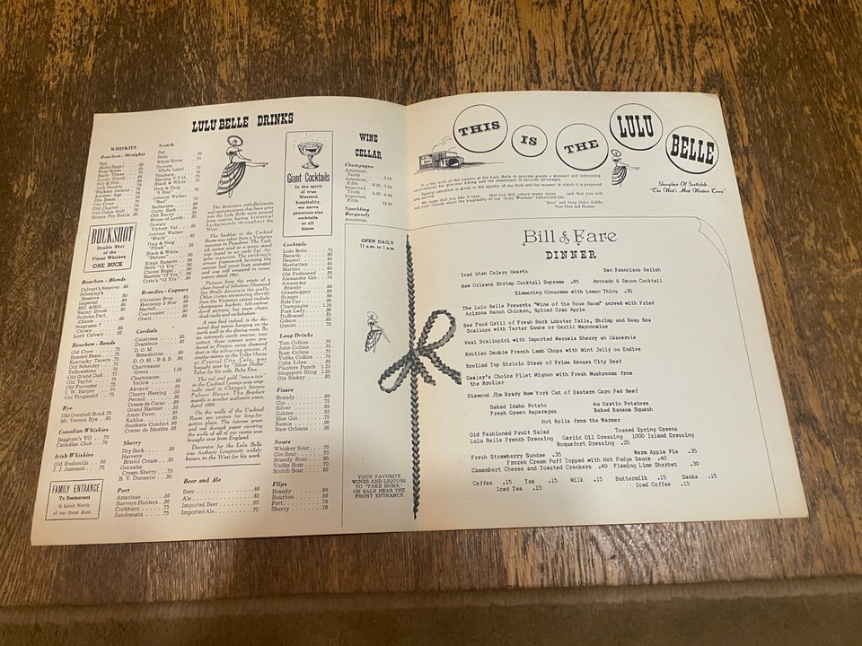 Lulu Belle Restaurant Menu Gay Nineties Scottsdale Arizona AZ 1950's ...