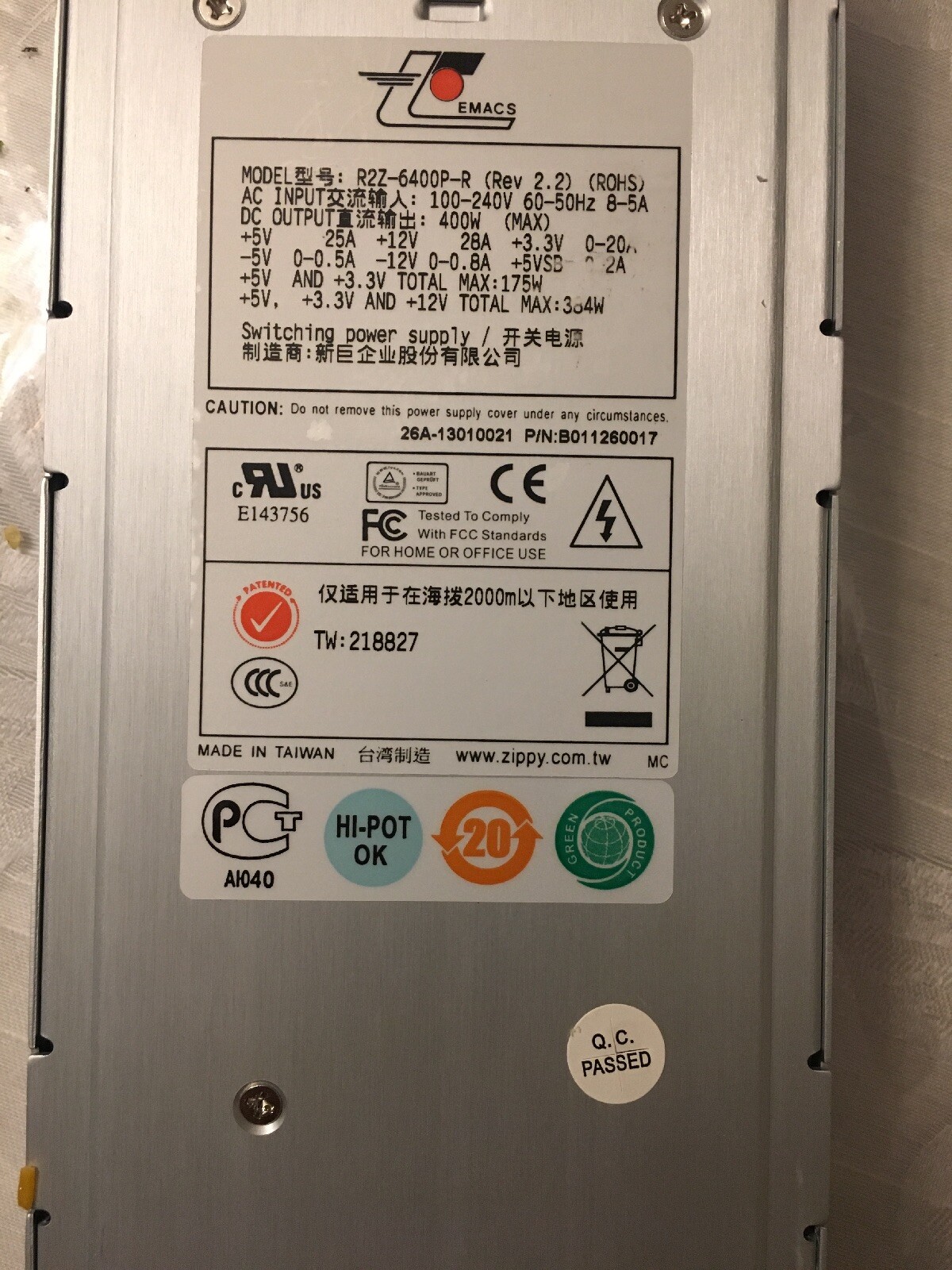 EMACS Model R2z-6400p-r 400w Redundant Server Power Supply B011260001 ...