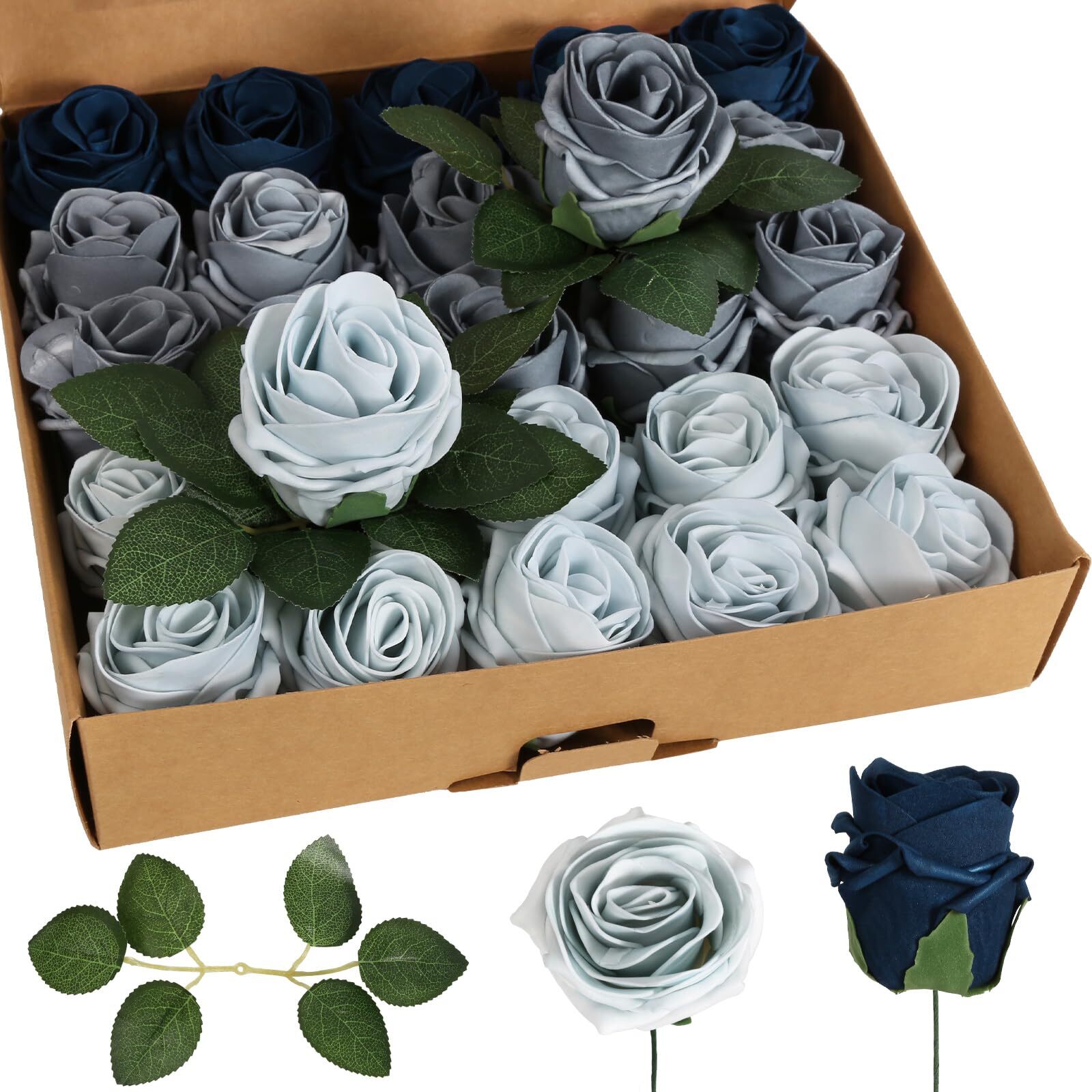 Blue Shades Foam Rose 25pcs High-Centered Real Looking Roses Artificial ...