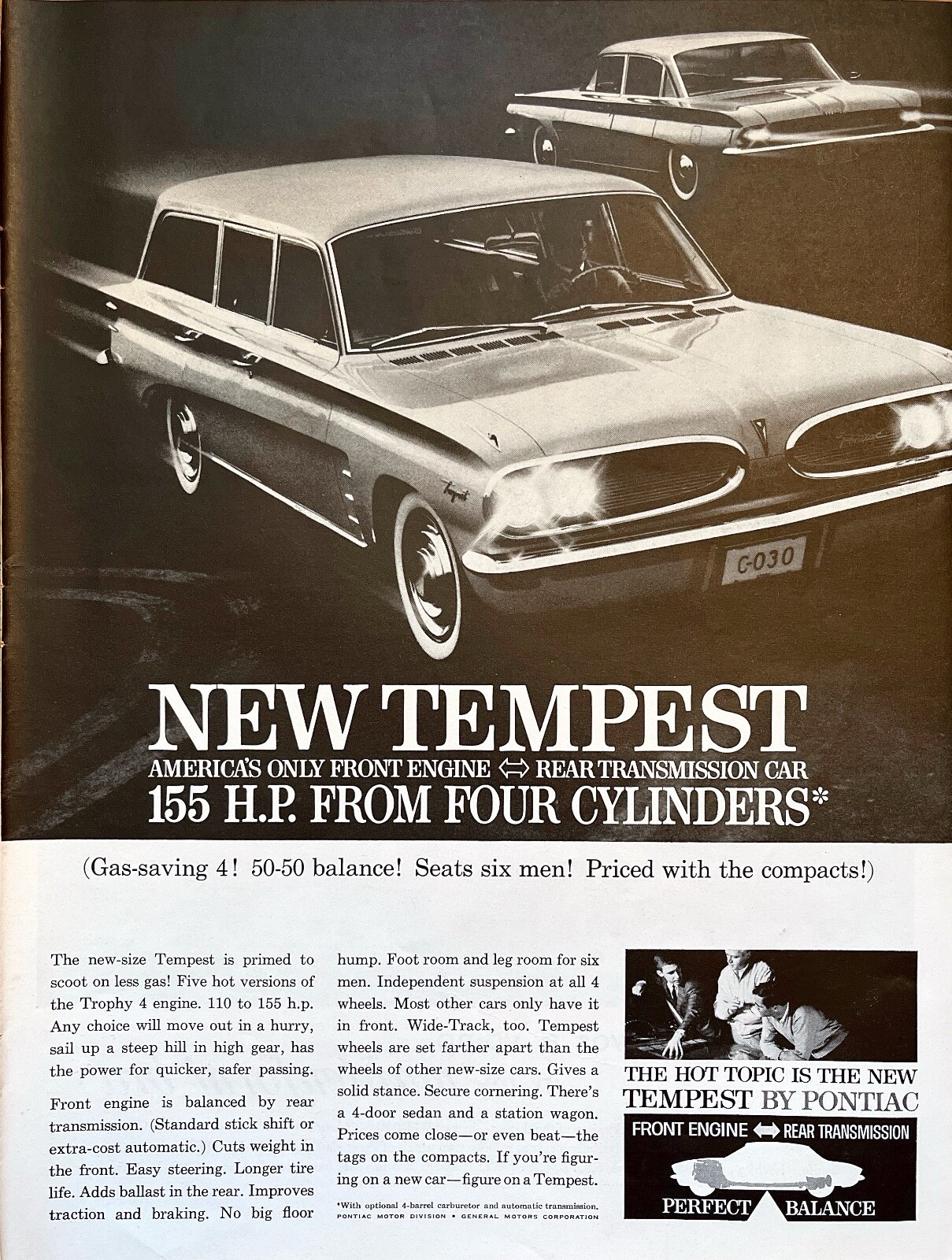 1961 Pontiac Tempest Wagon and Sedan Vintage Print Ad Trophy 4 Engine ...