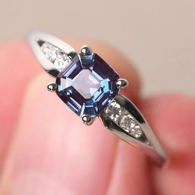Delicate Alexandrite Anniversary Ring Silver Asscher Cut 925 Silver ...