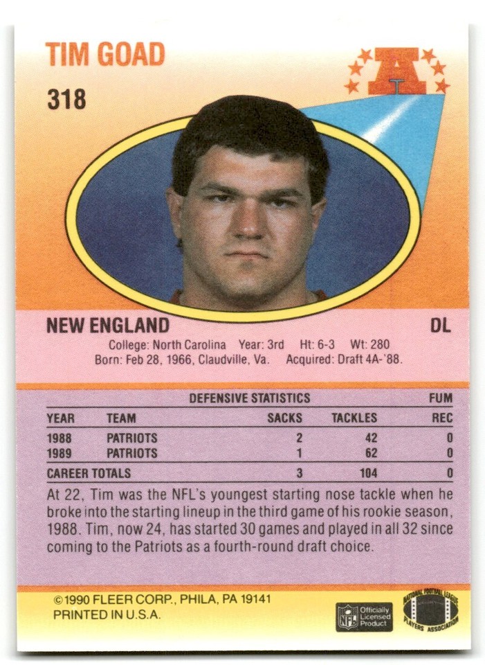 1990 Fleer Tim Goad Rookie New England Patriots #318 | eBay