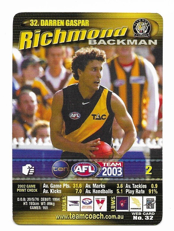 2003 AFL TEAMCOACH RICHMOND DARREN GASPAR # 32 CARD AFL | eBay Australia