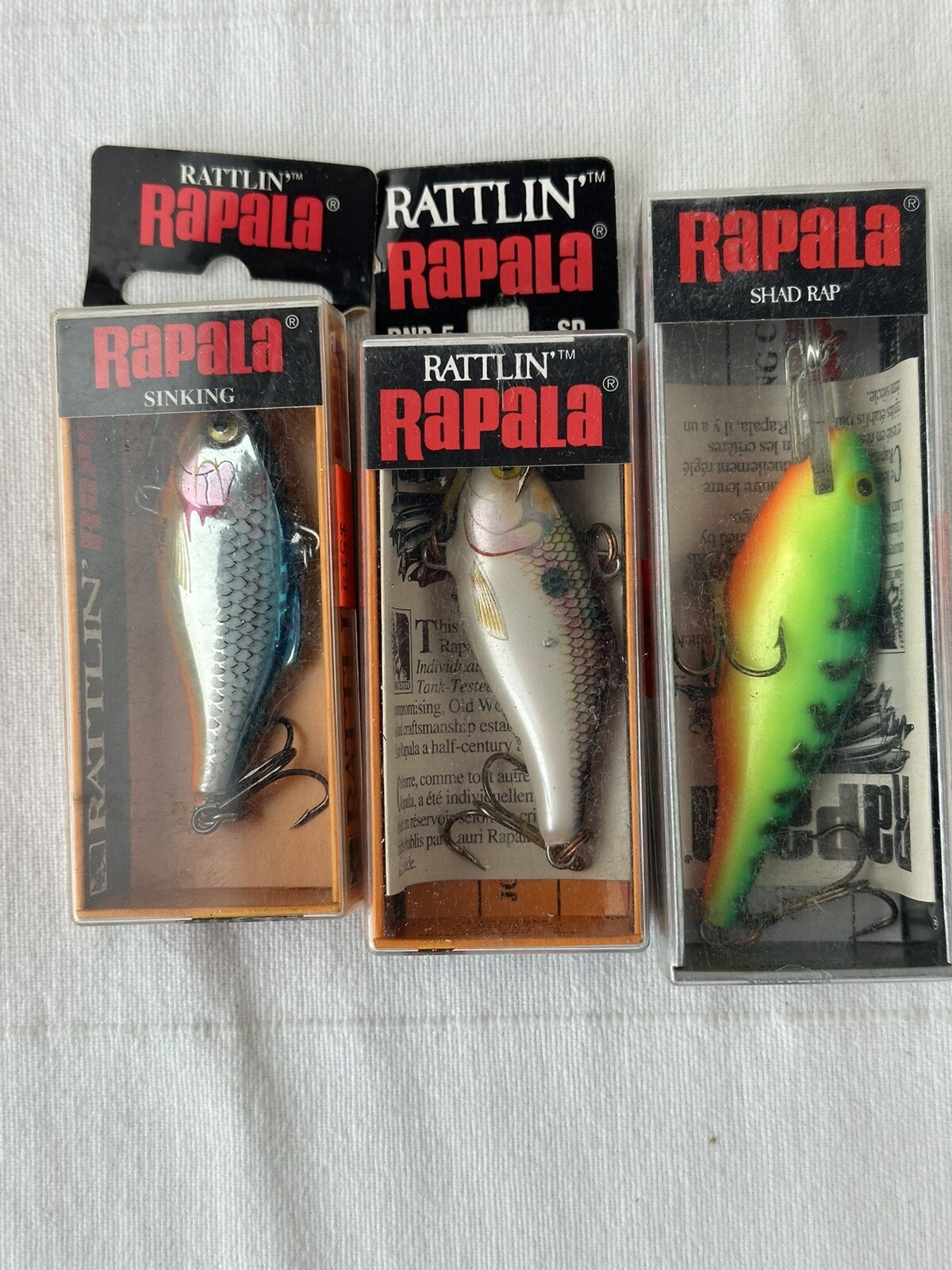 LOT OF 3 Rapala SHAD RAP rattlin lures RNR-5 SR-7 FT fire tiger shad ...