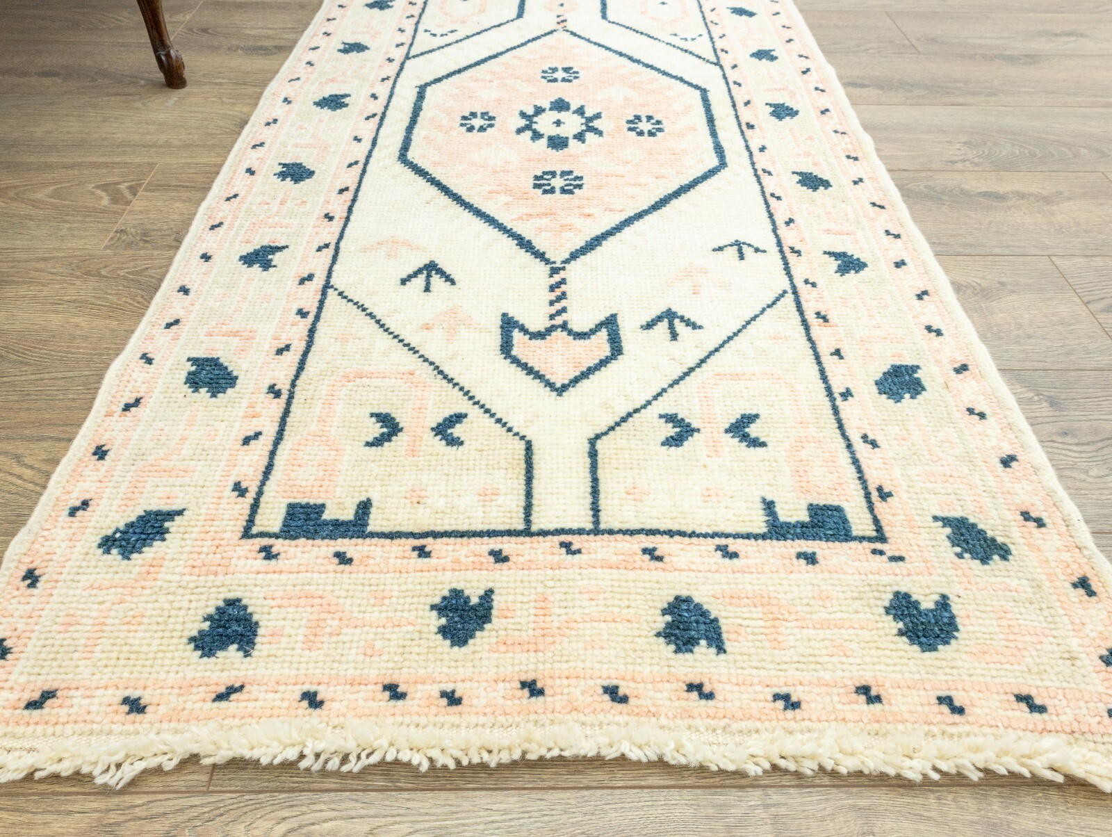 Farmhouse style Turkish runner-Oushak rug in cream, blue and pink 2 ...