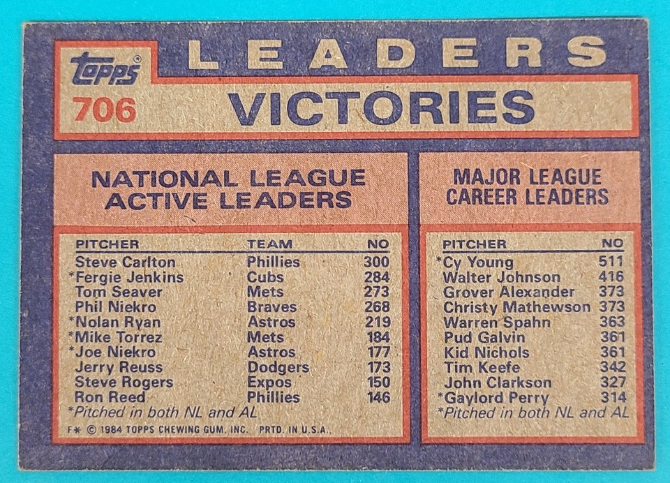 1984 Topps #706 NL Active Win Leaders Carlton Jenkins Seaver Baseball ...
