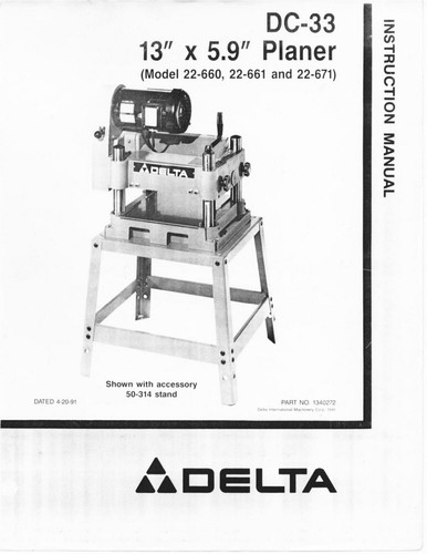 Delta Rockwell No. 22-660, No. 22-661 & No. 22-671 DC-33 13-inch Planer ...