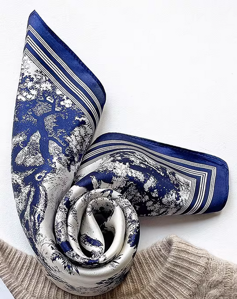 100% Silk 20" small square Scarf Women neckerchief Wrap floral navy ...
