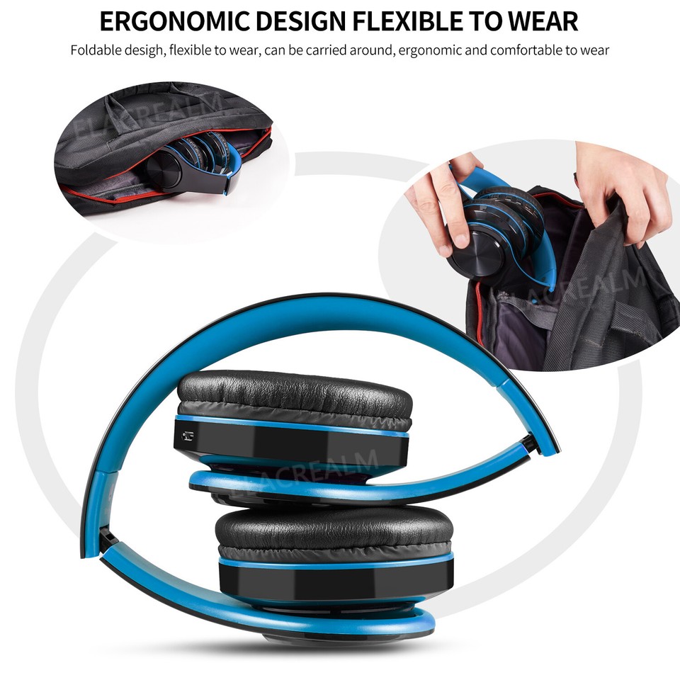 Blue Wireless Bluetooth Foldable Headphones Over Ear Hi-Fi Stereo ...