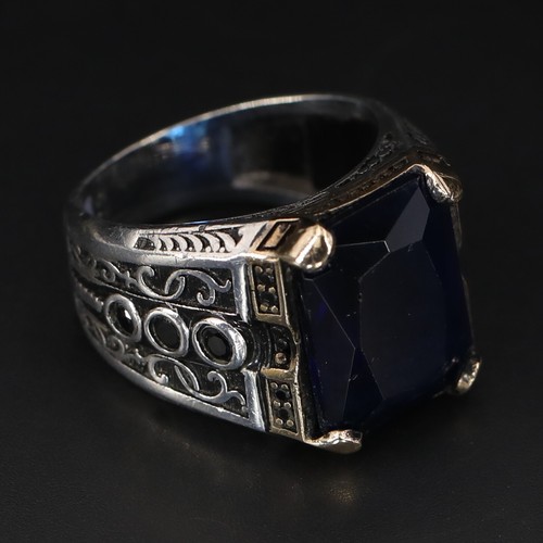 VTG Sterling Silver - INDIA Blue Glass Gem Two-Tone Men's Ring Size 9 ...