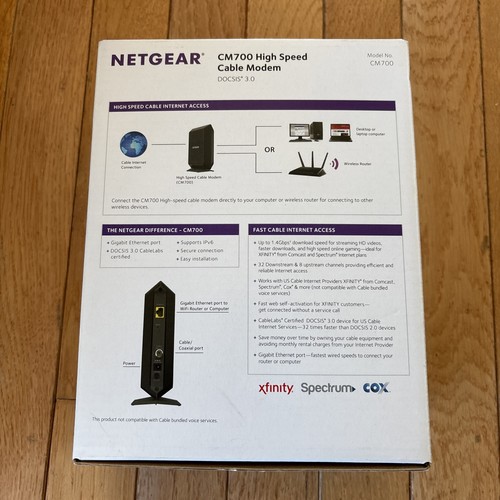 NETGEAR CM700 High Speed Cable Modem, DOCSIS 3.0 w/ Power Cord ...